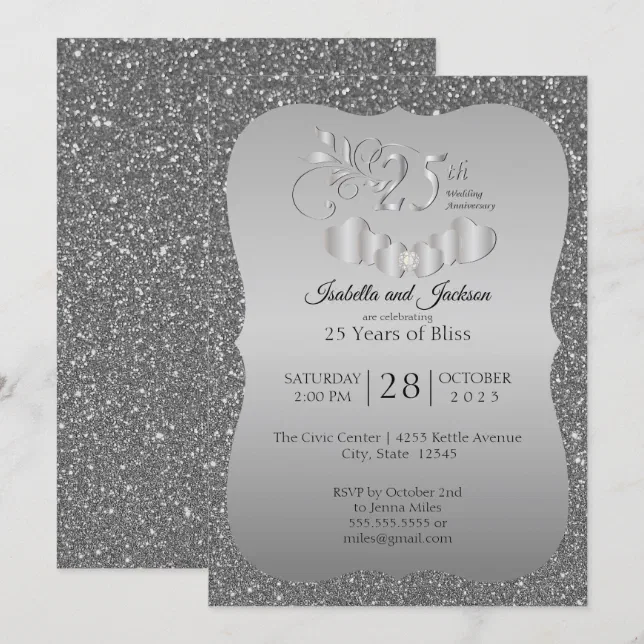 25th Silver Glitter Anniversary Invitation | Zazzle