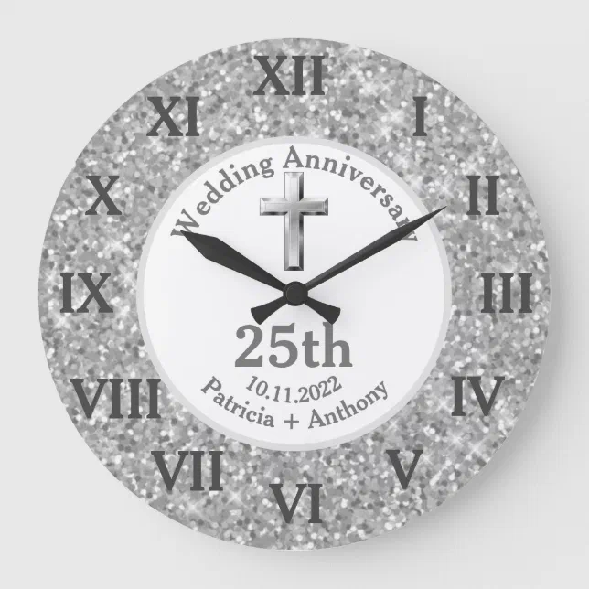 25th Silver Wedding Anniversary Glitter Religious Large Clock | Zazzle