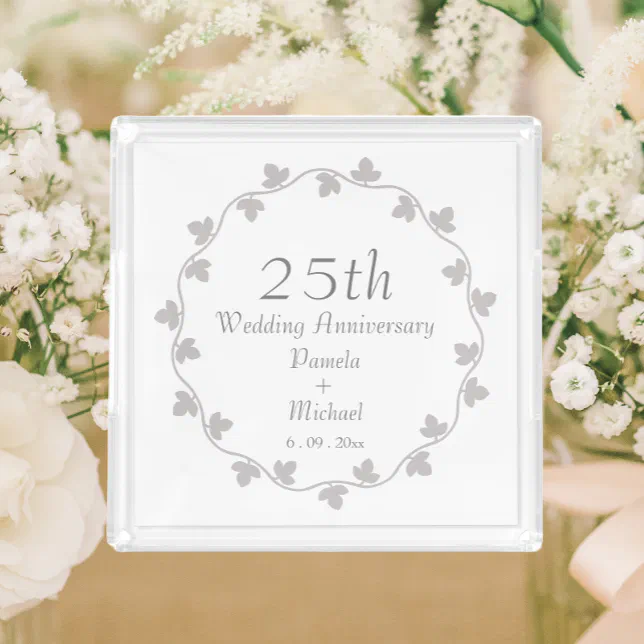 25th Silver Wedding Anniversary Ivy Wreath Acrylic Tray | Zazzle