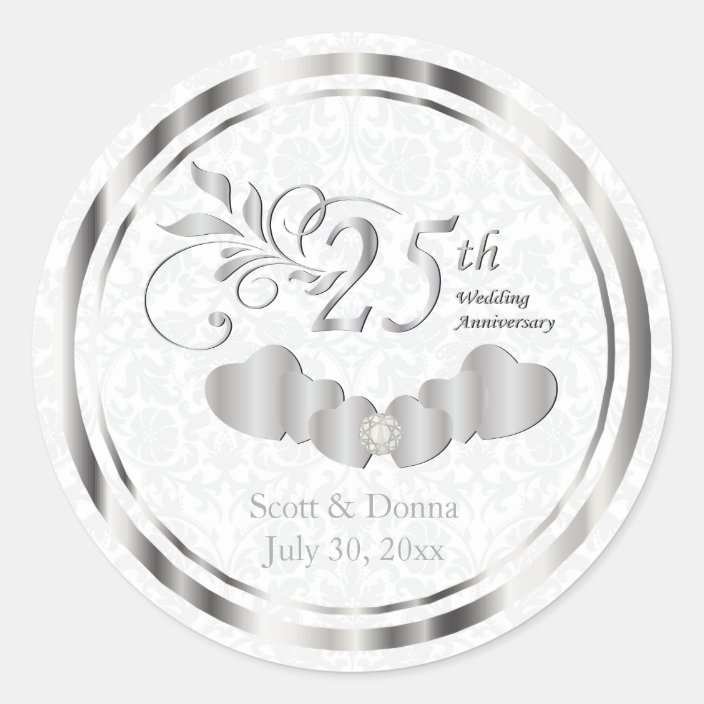 25th Silver Wedding Anniversary - White Damask Classic Round Sticker ...