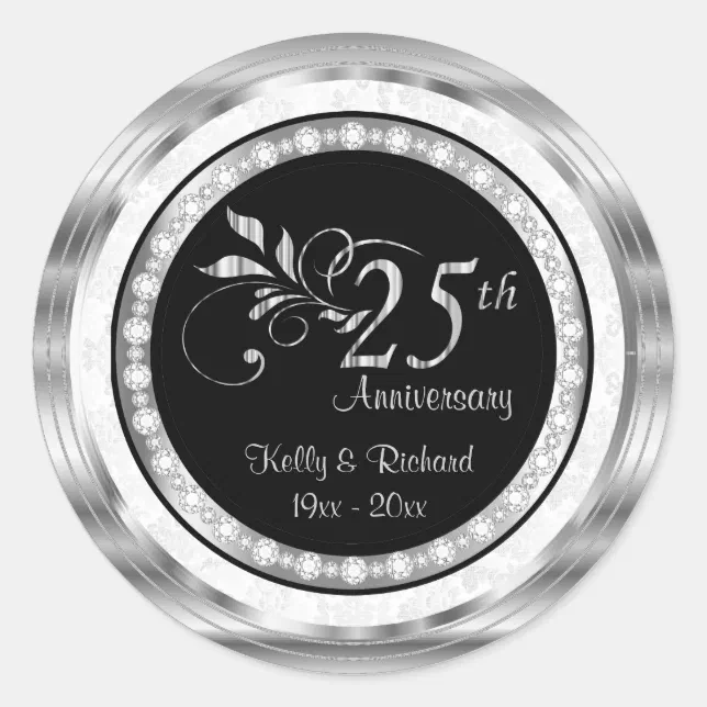 25th Silver Wedding Anniversary - White Damask Classic Round Sticker ...