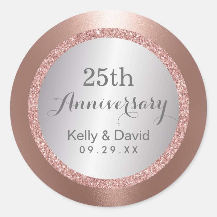 25th Wedding Anniversary Modern Rose Gold Silver Classic Round Sticker ...
