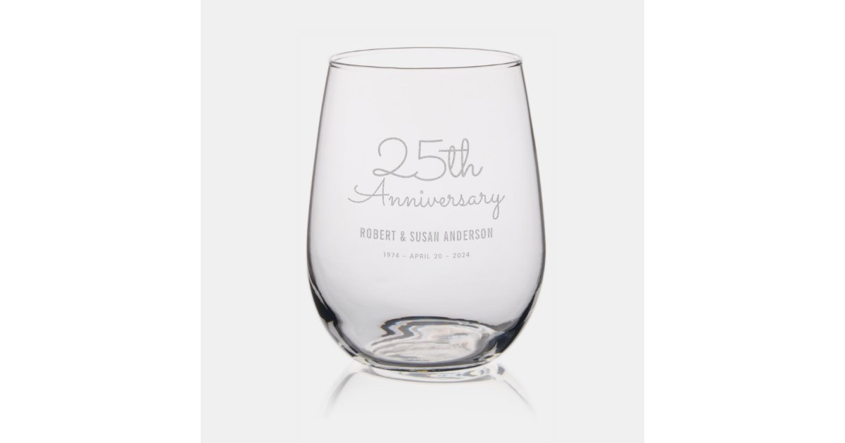25th Wedding Anniversary Modern Script Stemless Wine Glass | Zazzle