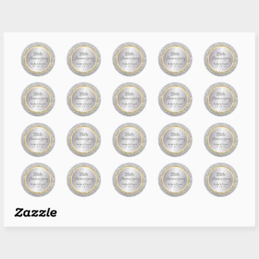 25th Wedding Anniversary Modern Silver Glitter Classic Round Sticker ...