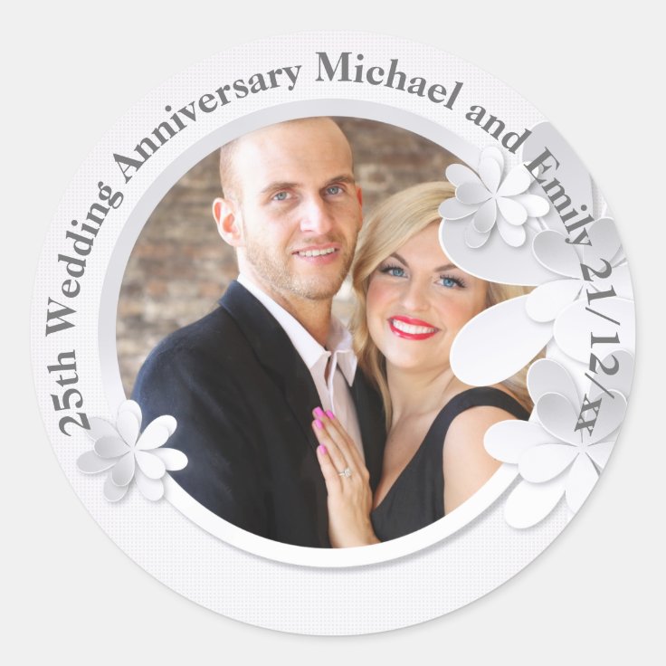 25th Wedding ANNIVERSARY PHOTO Silver Classic Round Sticker | Zazzle