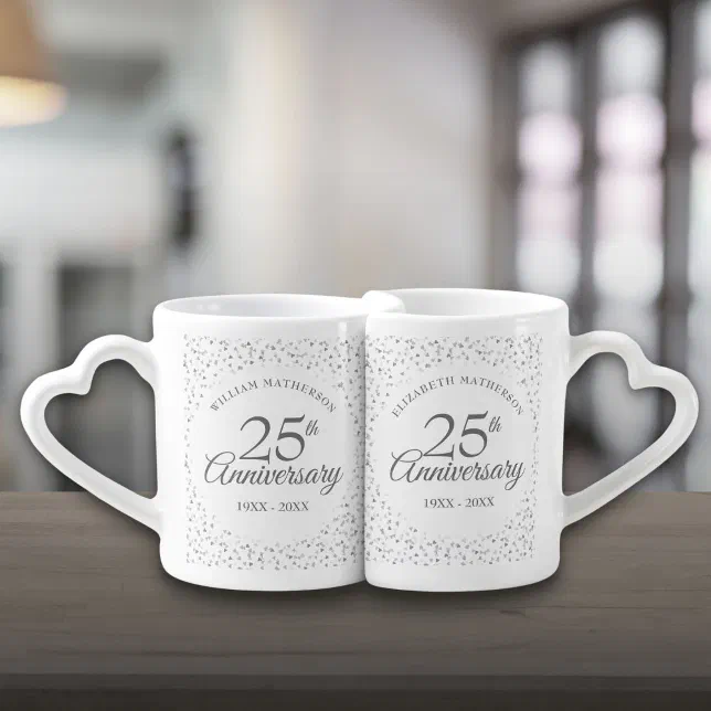 25th Wedding Anniversary Silver Hearts Confetti Coffee Mug Set | Zazzle