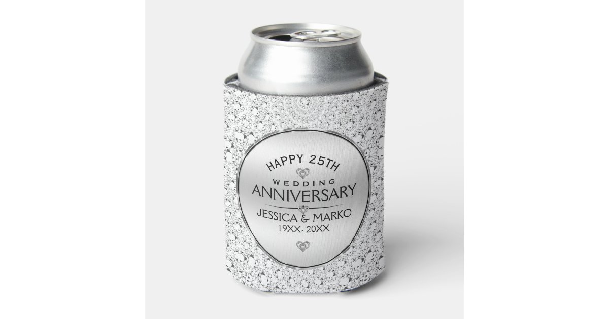 25th Wedding Anniversary White Diamonds & Silver Can Cooler | Zazzle