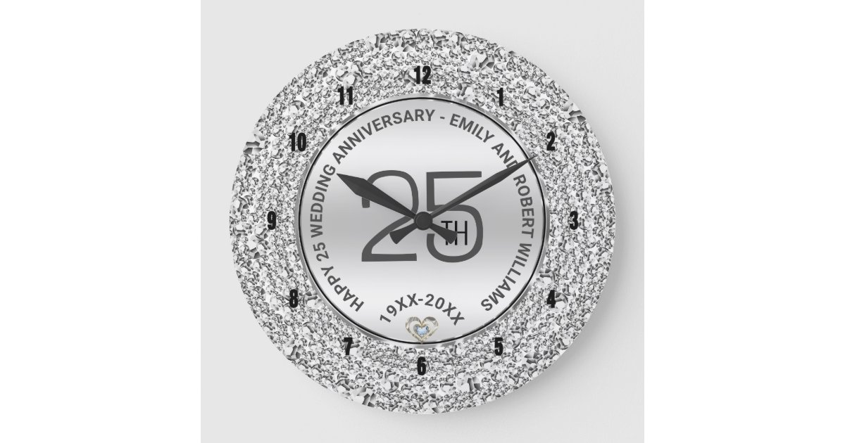 25th wedding Anniversary white diamonds & silver Large Clock | Zazzle