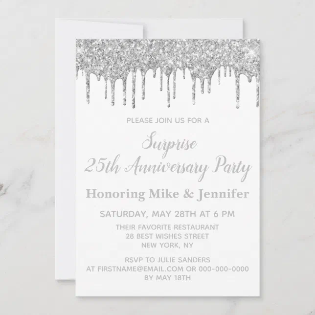 25th White and Silver Surprise Anniversary Party Invitation | Zazzle