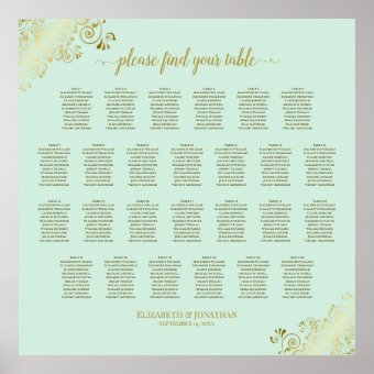 26 Table Wedding Seating Chart Mint Green & Gold | Zazzle