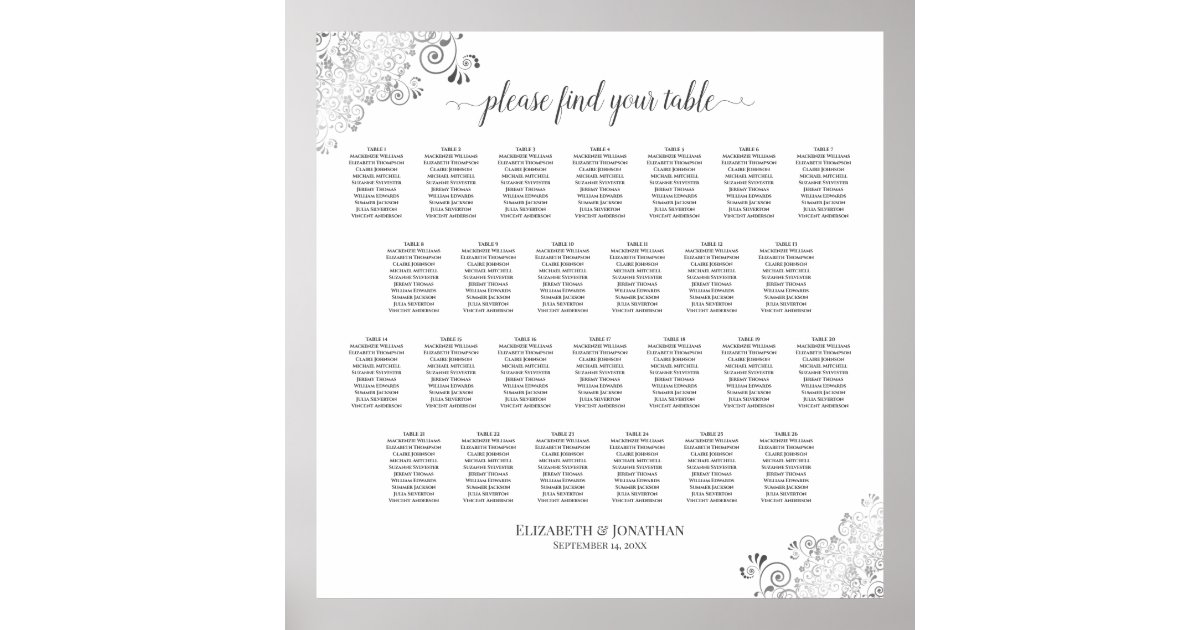 26 Table Wedding Seating Chart Silver Frills White | Zazzle