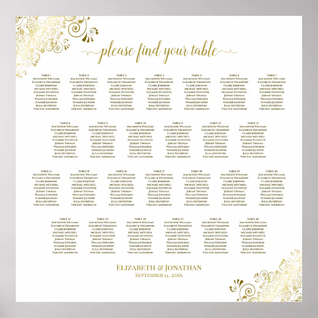 26 Table Wedding Seating Chart White & Gold Frills | Zazzle