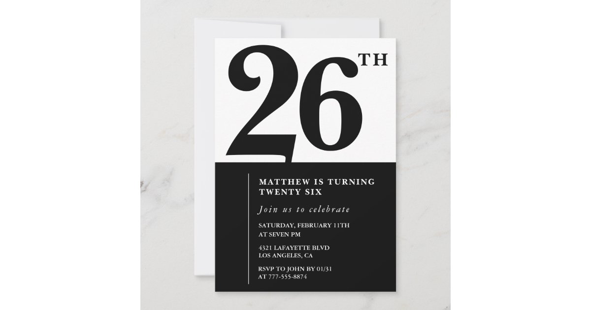 26th birthday invitations Black and White Elegant | Zazzle