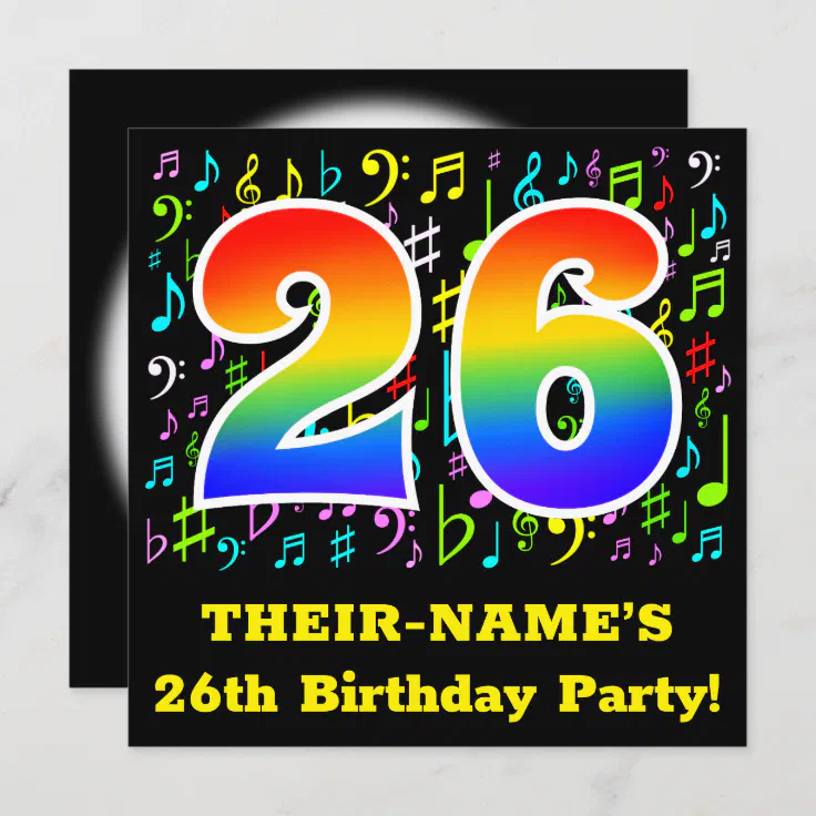 26th Birthday Party: Fun Music Symbols, Rainbow 26 Invitation | Zazzle