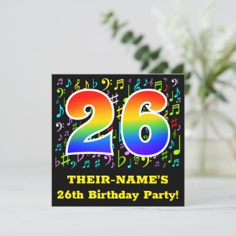 26th Birthday Party: Fun Music Symbols, Rainbow 26 Invitation | Zazzle