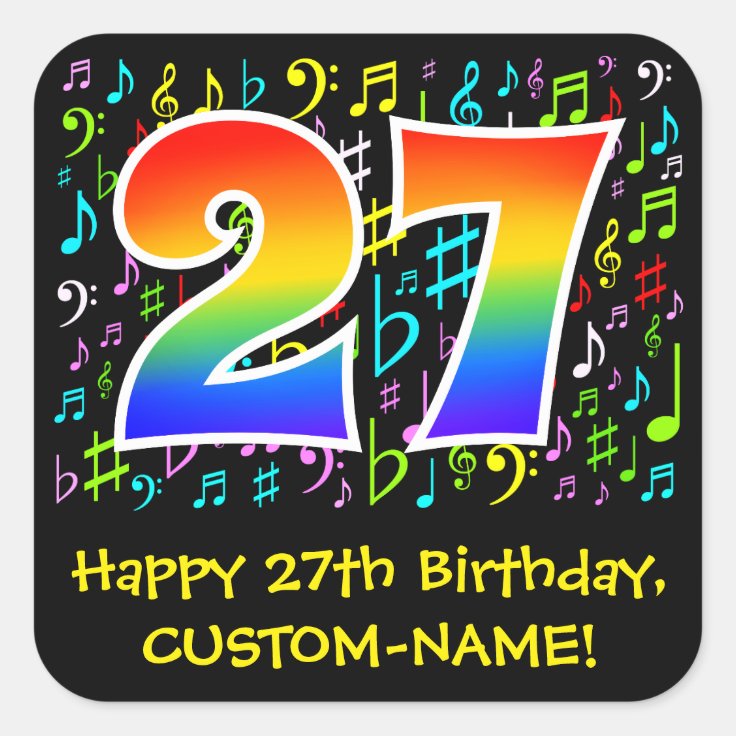 27th Birthday: Colorful Music Symbols, Rainbow 27 Square Sticker | Zazzle