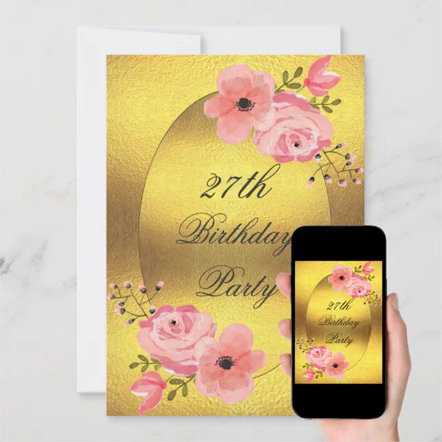 27th Birthday Faux Gold Foil Watercolor Flowers Invitation | Zazzle