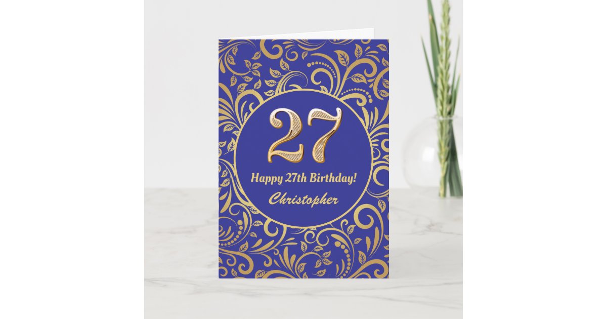 27th Birthday Navy Blue and Gold Floral Pattern Card | Zazzle