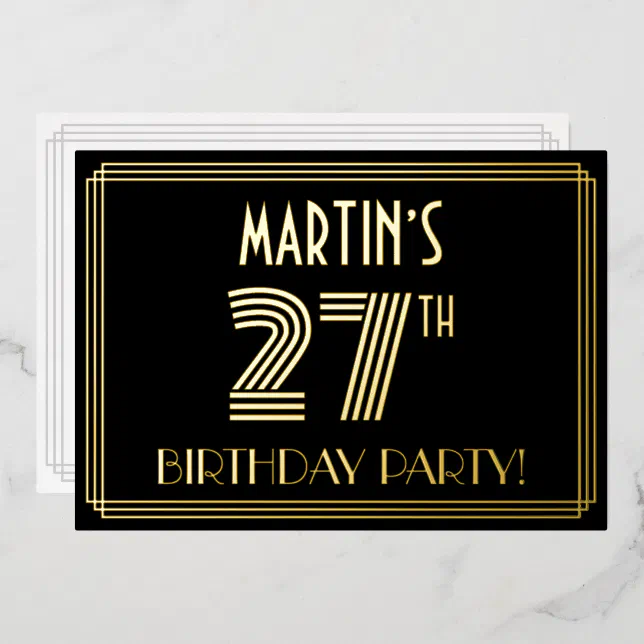 27th Birthday Party — Art Deco Style “27” + Name Foil Invitation | Zazzle