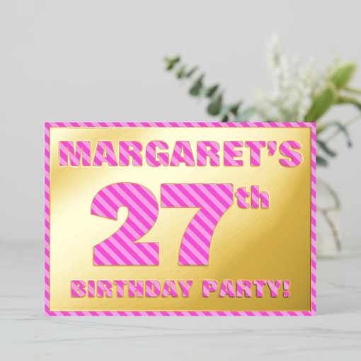 27th Birthday Party — Bold, Fun, Pink Stripes # 27 Foil Invitation | Zazzle