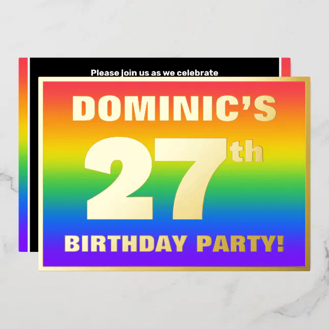 27th Birthday Party: Fun, Colorful Rainbow Pattern Foil Invitation | Zazzle