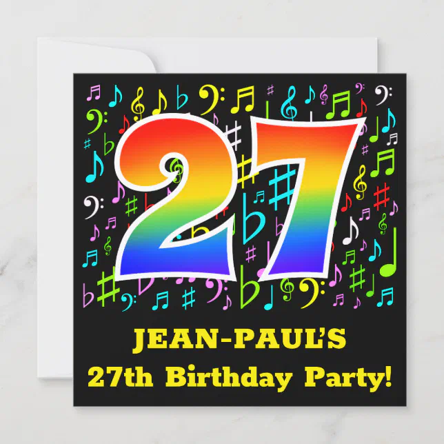 27th Birthday Party: Fun Music Symbols, Rainbow 27 Invitation | Zazzle