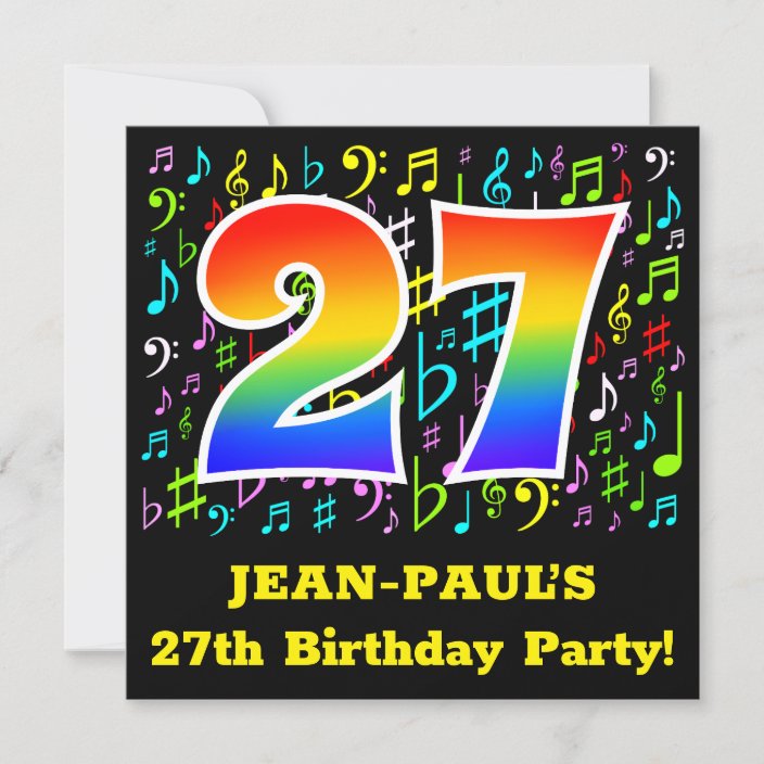 27th Birthday Party: Fun Music Symbols, Rainbow 27 Invitation | Zazzle