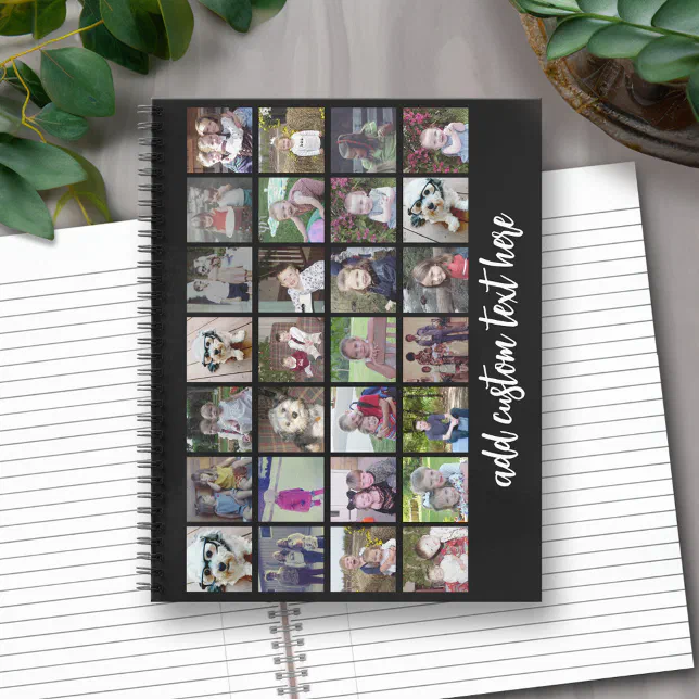 28 Photo Collage Grid - 1 Text box - black white Notebook | Zazzle
