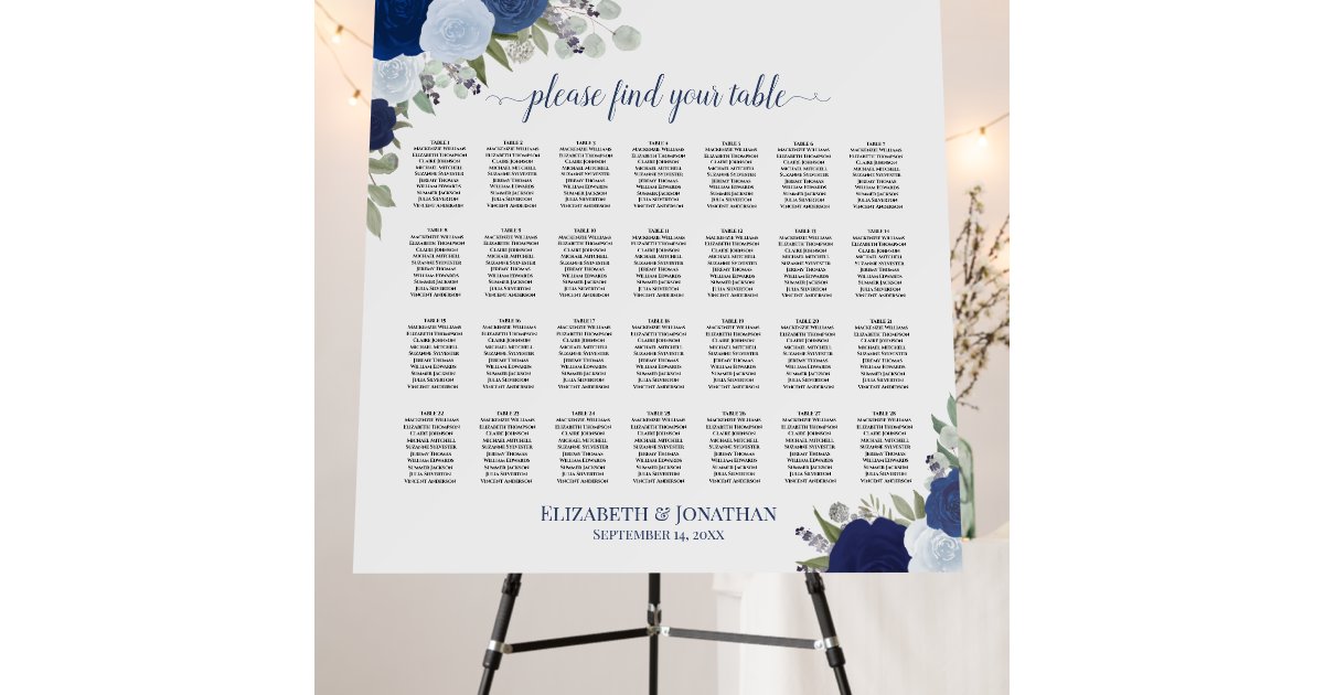 28 Table Blue Roses Elegant Wedding Seating Chart Foam Board | Zazzle