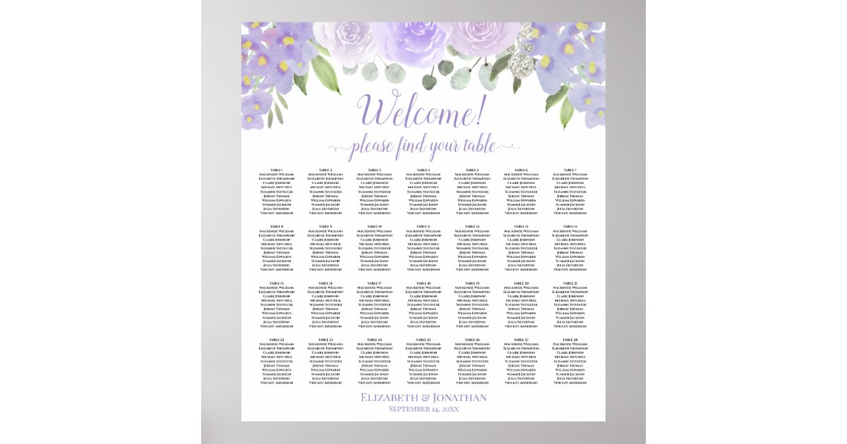 28 Table Lavender Floral Wedding Seating Chart | Zazzle