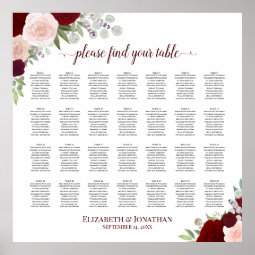 28 Table Red & Pink Roses Wedding Seating Chart | Zazzle