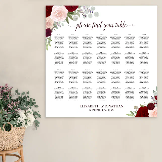 28 Table Red & Pink Roses Wedding Seating Chart | Zazzle