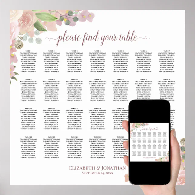 28 Table Rustic Pink Floral Wedding Seating Chart | Zazzle