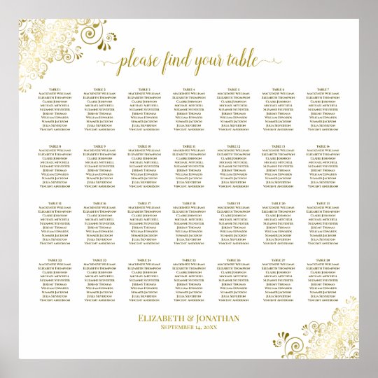 28 Table Wedding Seating Chart White & Gold Frills | Zazzle.com