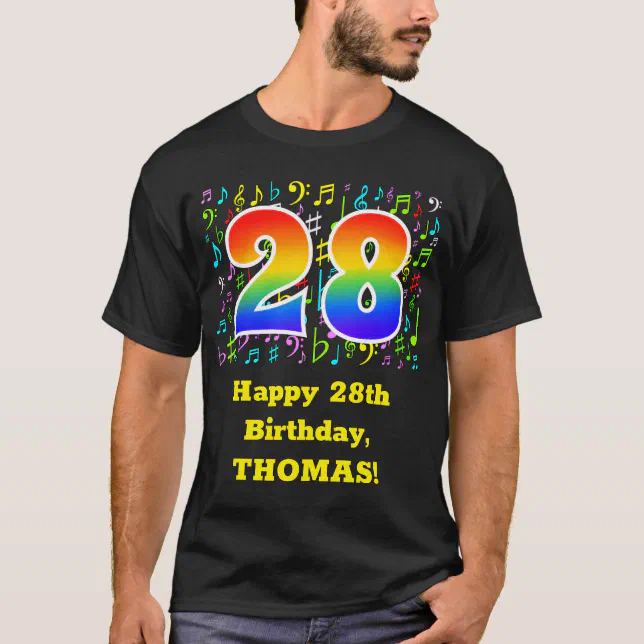 28th Birthday: Colorful Music Symbols, Rainbow 28 T-Shirt | Zazzle