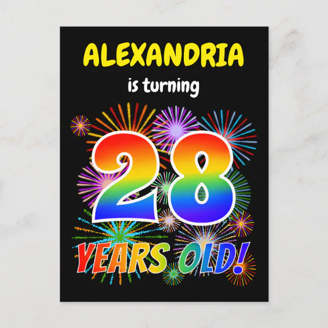 28th Birthday - Fun Fireworks, Rainbow Look "28" Postcard | Zazzle
