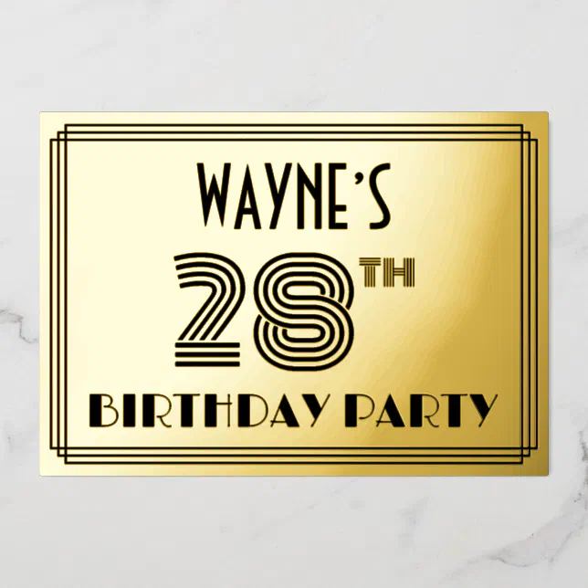 28th Birthday Party — Art Deco Style “28” & Name Foil Invitation | Zazzle