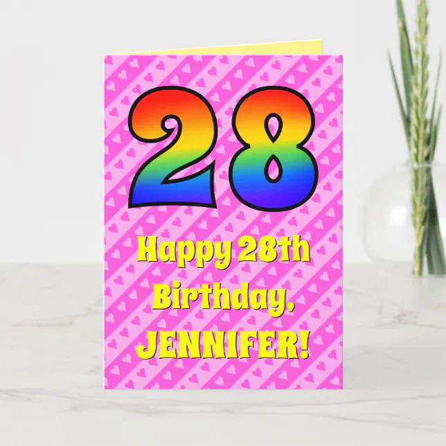 28th Birthday: Pink Stripes & Hearts, Rainbow # 28 Card | Zazzle