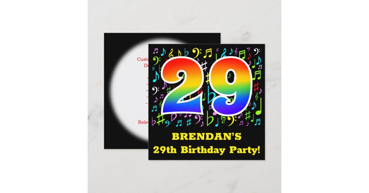 29th Birthday Party: Fun Music Symbols, Rainbow 29 Invitation | Zazzle