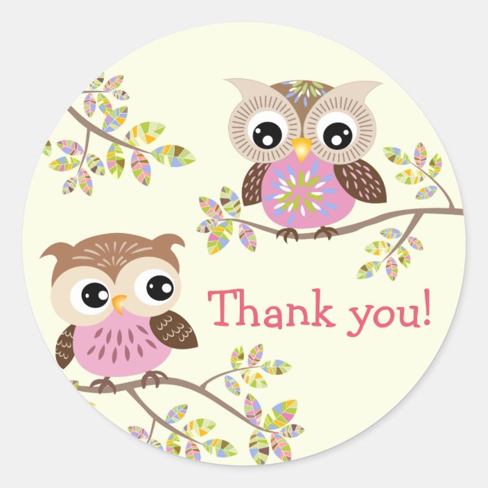 2 Cute Owls on Branches Thank you Stickers | Zazzle.com