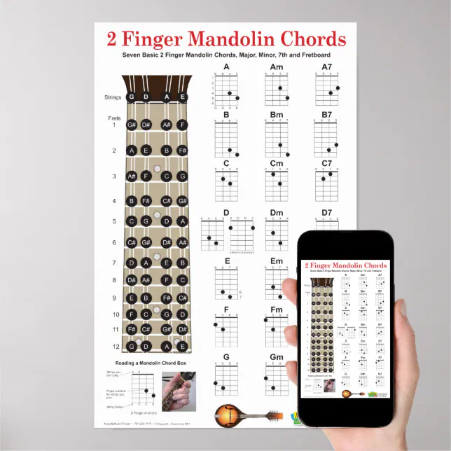 2 Finger Mandolin Chords and Fretboard Poster | Zazzle