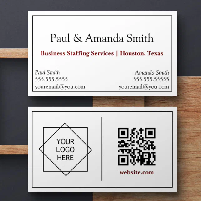 2 Names with black border, QR code, and logo Business Card | Zazzle