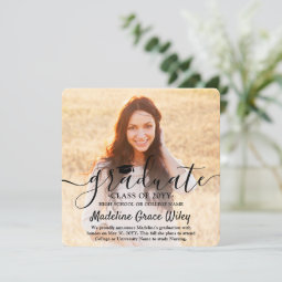 2 Photo and Black Script Overlay Square Graduation Announcement | Zazzle