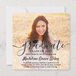 2 Photo and Black Script Overlay Square Graduation Announcement | Zazzle
