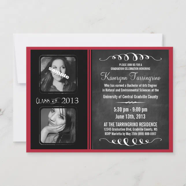 2 Photo Chalkboard Graduation Black and Red Invitation | Zazzle