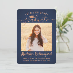 2 Photo Class Year Navy Blue and Copper Graduation Announcement | Zazzle