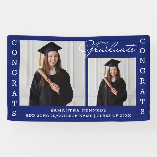 2 Photo Collage Congrats Grad Class Of 2023 Blue Banner | Zazzle