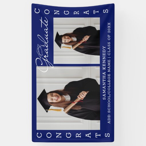 2 Photo Collage Congrats Grad Class Of 2023 Blue Banner | Zazzle