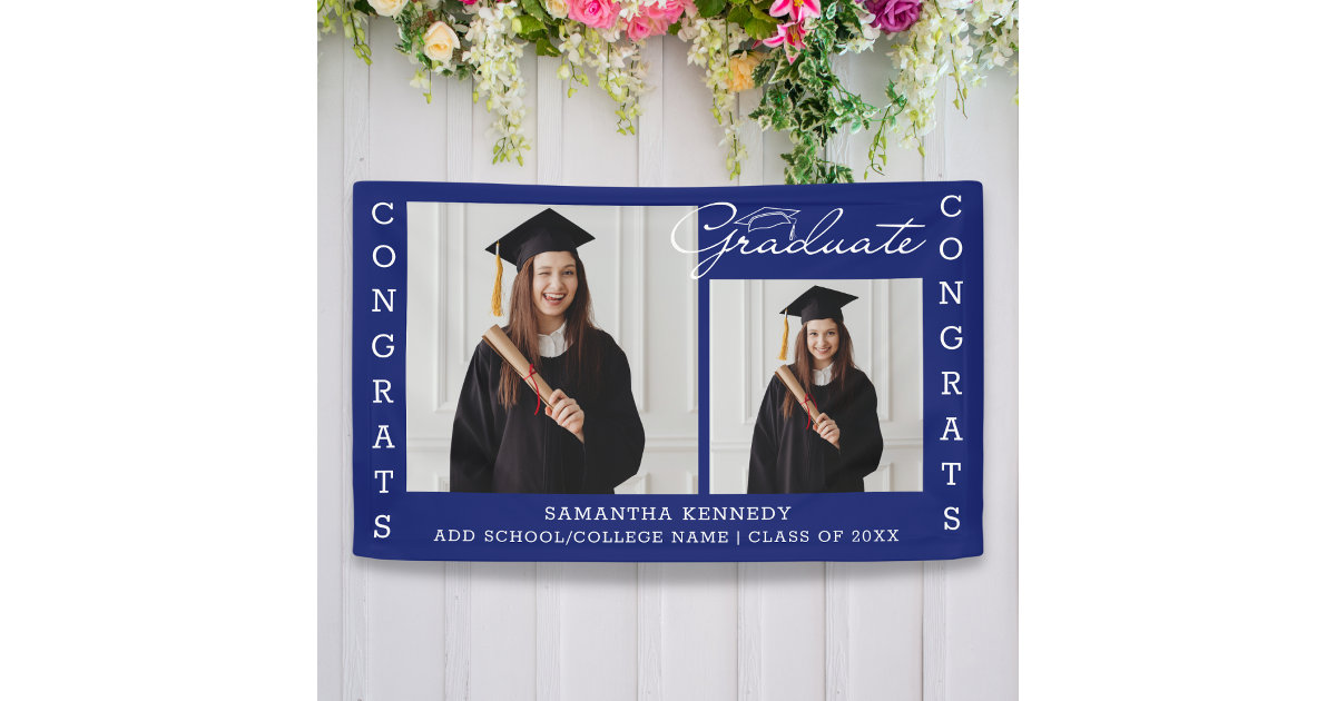 2 Photo Collage Congrats Grad Class Of 2023 Blue Banner | Zazzle