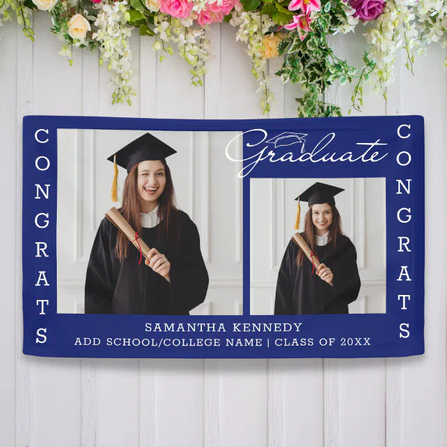 2 Photo Collage Congrats Grad Class Of 2023 Blue Banner | Zazzle